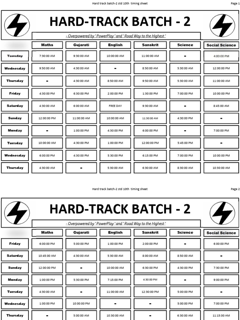 10th Std Hard Track Batch Timing Sheet | PDF