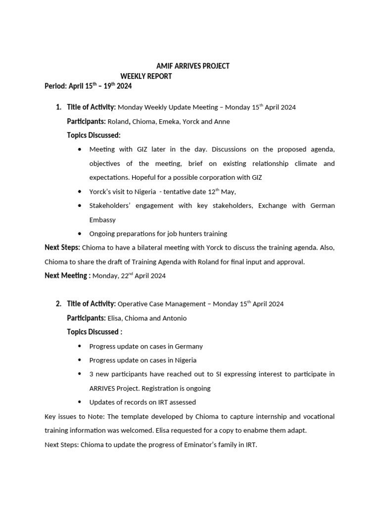 Amif Arrives Project Weekly Report - 15 to 19 April 2024 | PDF