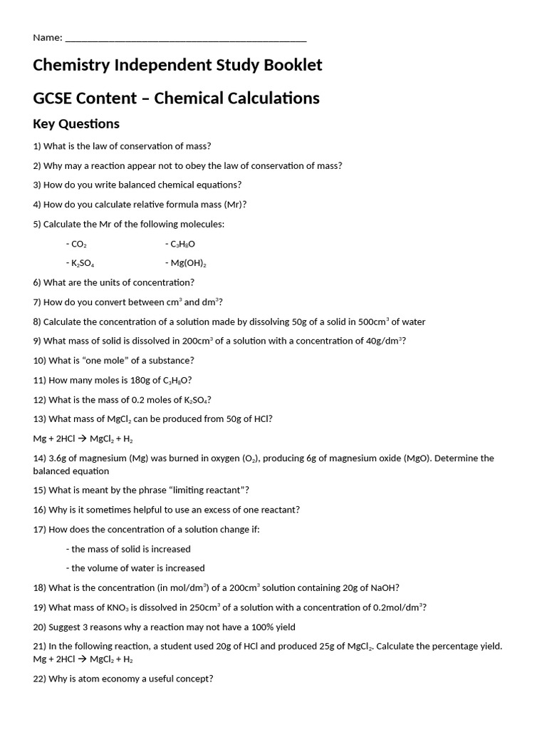 GCSE Chemistry: Chemical Calculations Guide | PDF | Magnesium | Mole (Unit)
