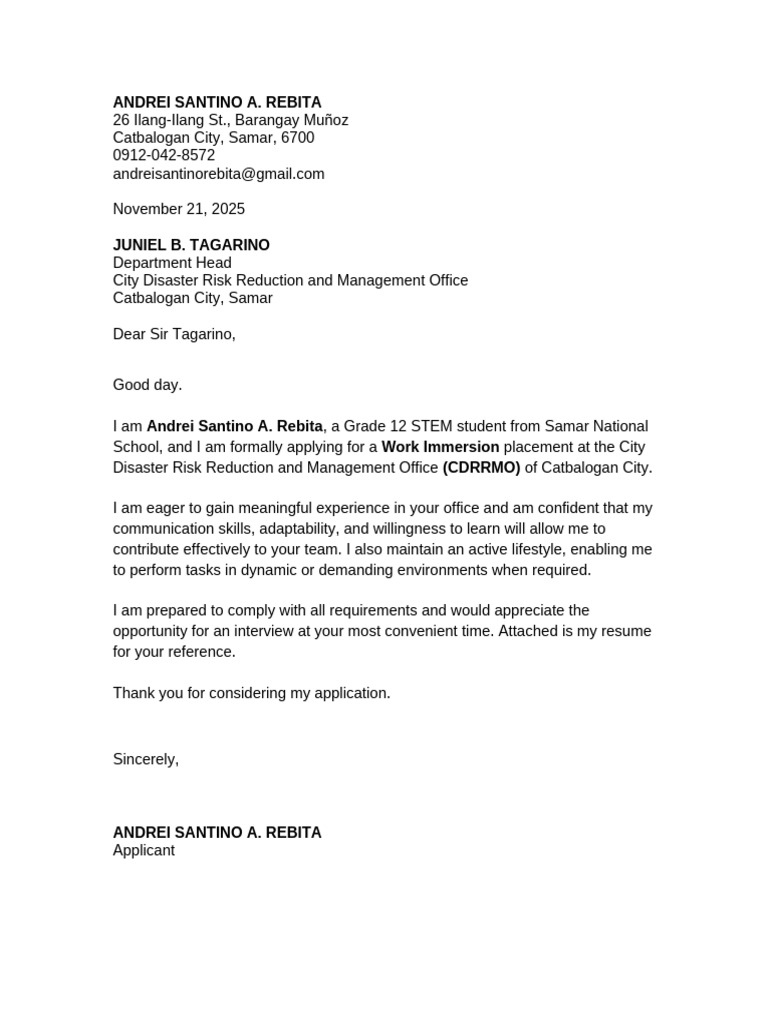 Work Immersion Application Letter | PDF