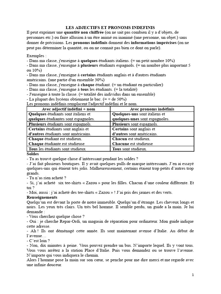 Adjectifs et pronoms indéfinis expliqués | PDF | Pronom | Genre grammatical