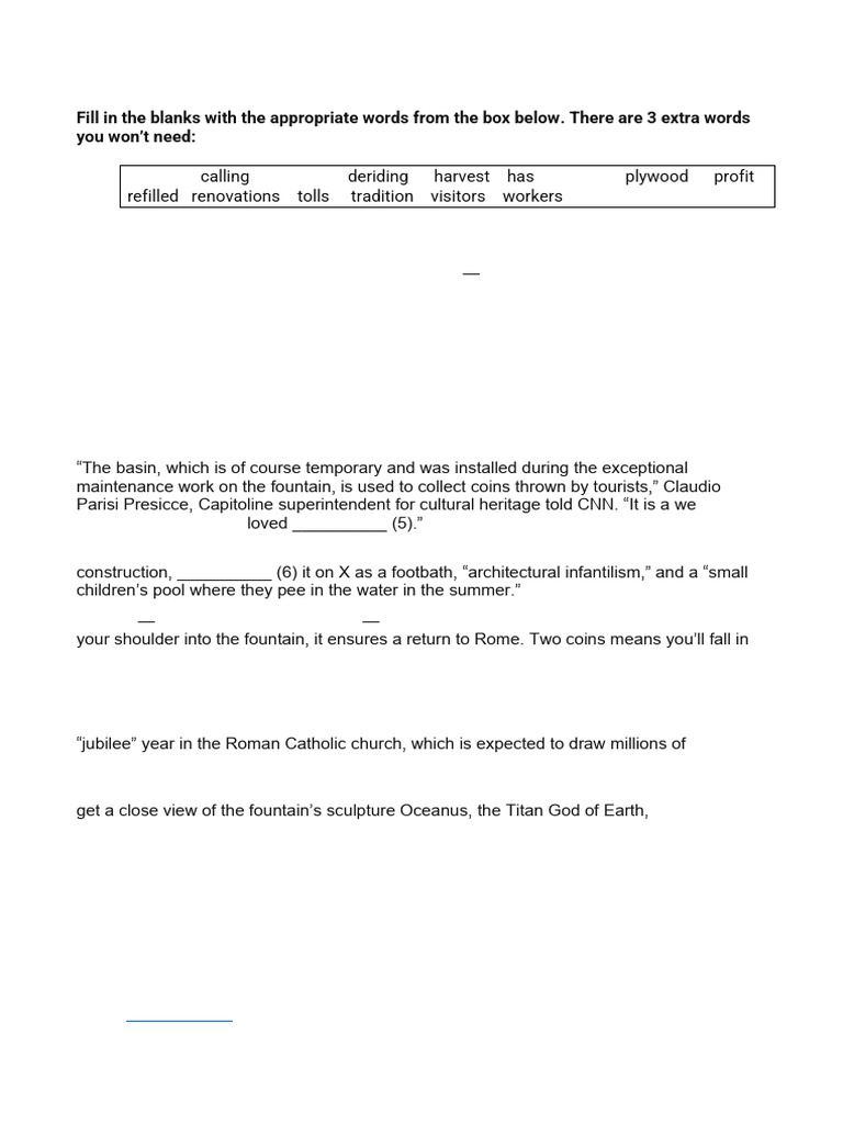 Cloze Test Trevi Fountain With Answer Key | PDF