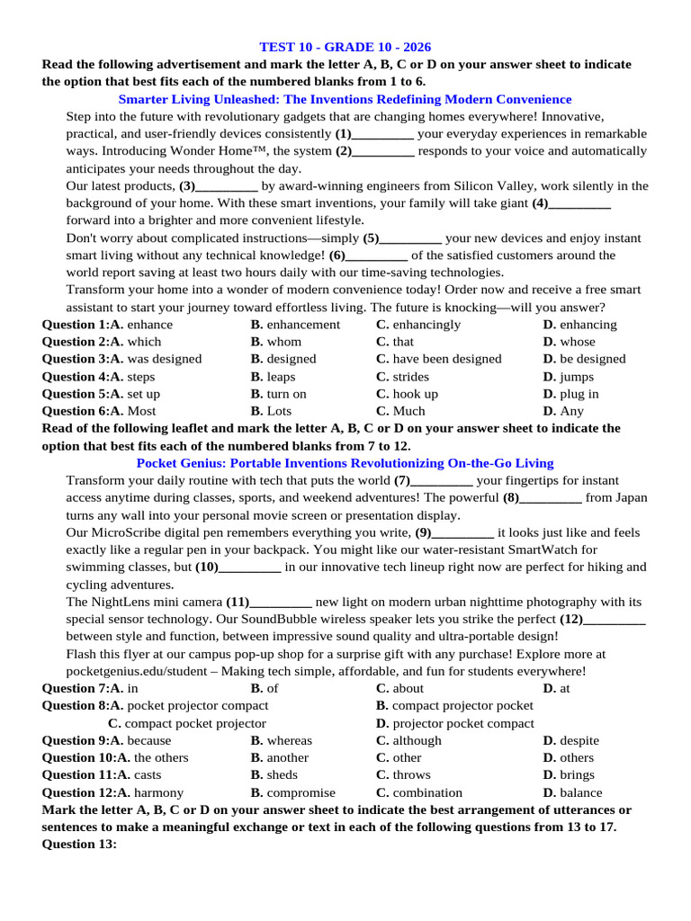 Grade 10 Test: Modern Inventions & Communication | PDF | Innovation ...