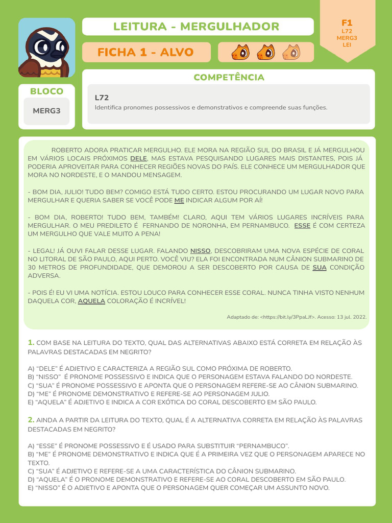 MERG3 - L72 - FICHAS - Leitura | PDF | Pronome