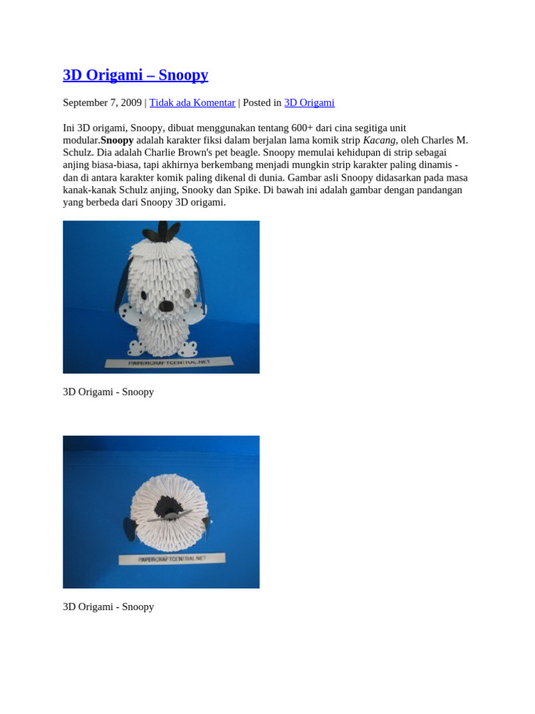 3D Origami Snoopy: Panduan dan Gambar | PDF