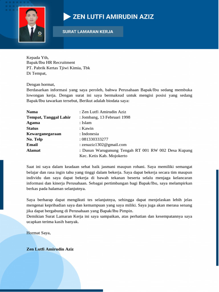 Surat Lamaran Kerja Zen Lutfi Aziz | PDF