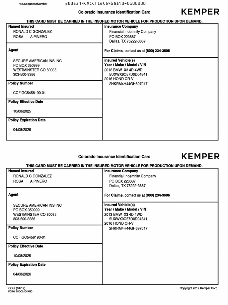 Colorado Insurance ID Card Details | PDF | Land Vehicles | Motor Vehicle