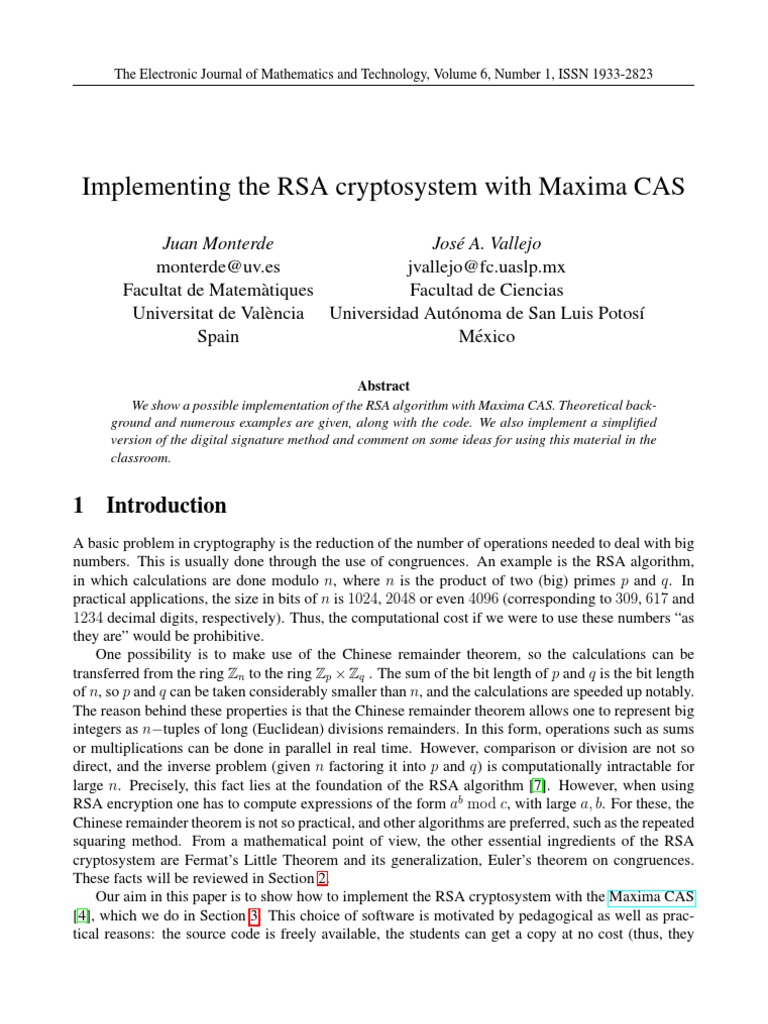 Implementing The RSA Cryptosystem With Maxima CAS | PDF | Public Key Cryptography | Cryptography