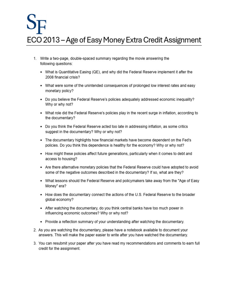 Age of Easy Money Extra Credit Assignment and Rubric | PDF | Federal ...