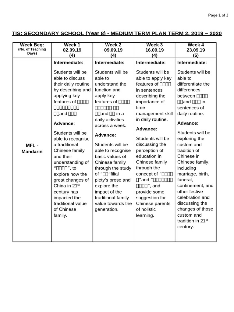 Year 8 Mandarin Medium Term Plan | PDF