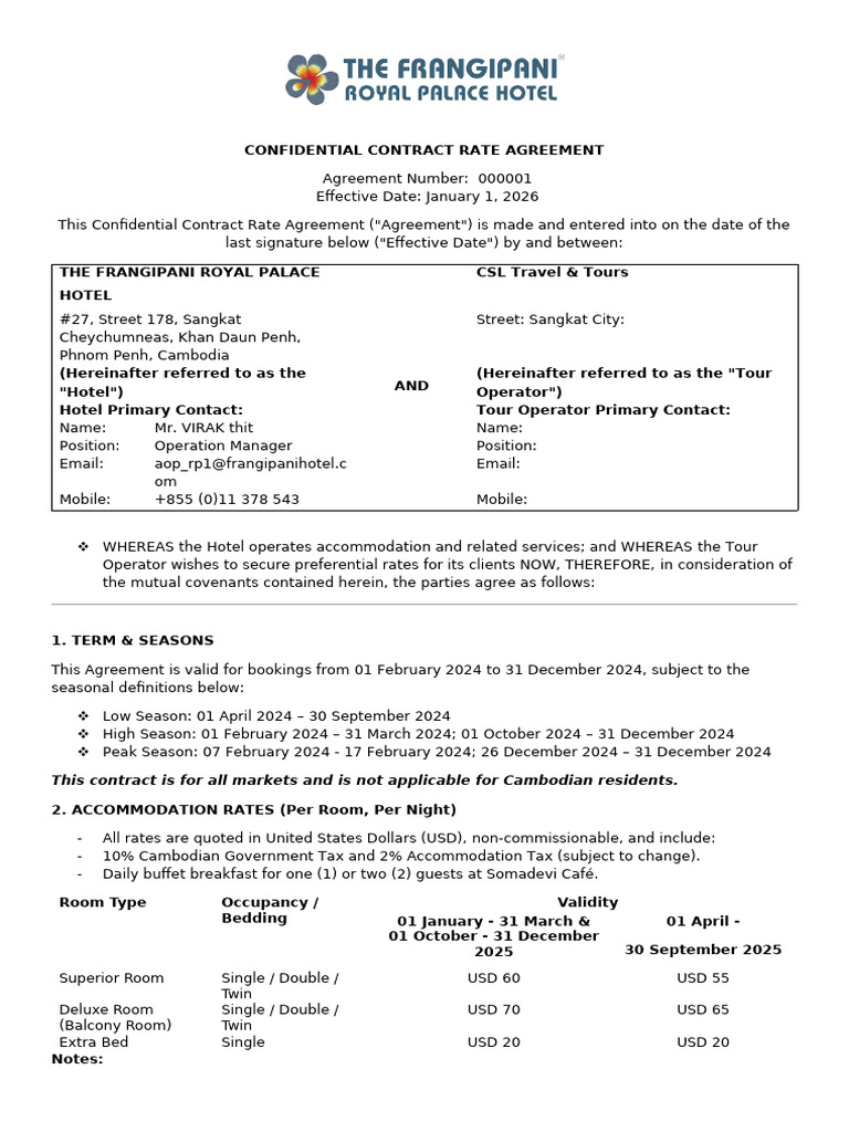 Confidential Hotel Rate Agreement 2024 | PDF | Payments