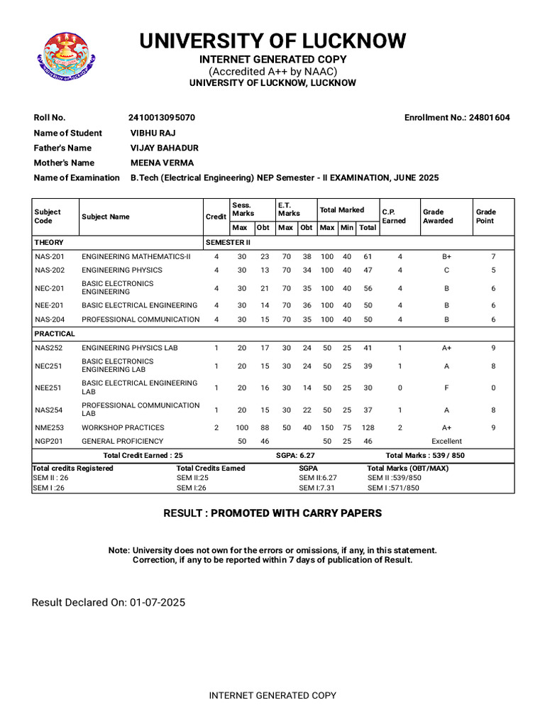 Vibhu 2nd Sem Scorecard | PDF | Engineering | Physical Sciences
