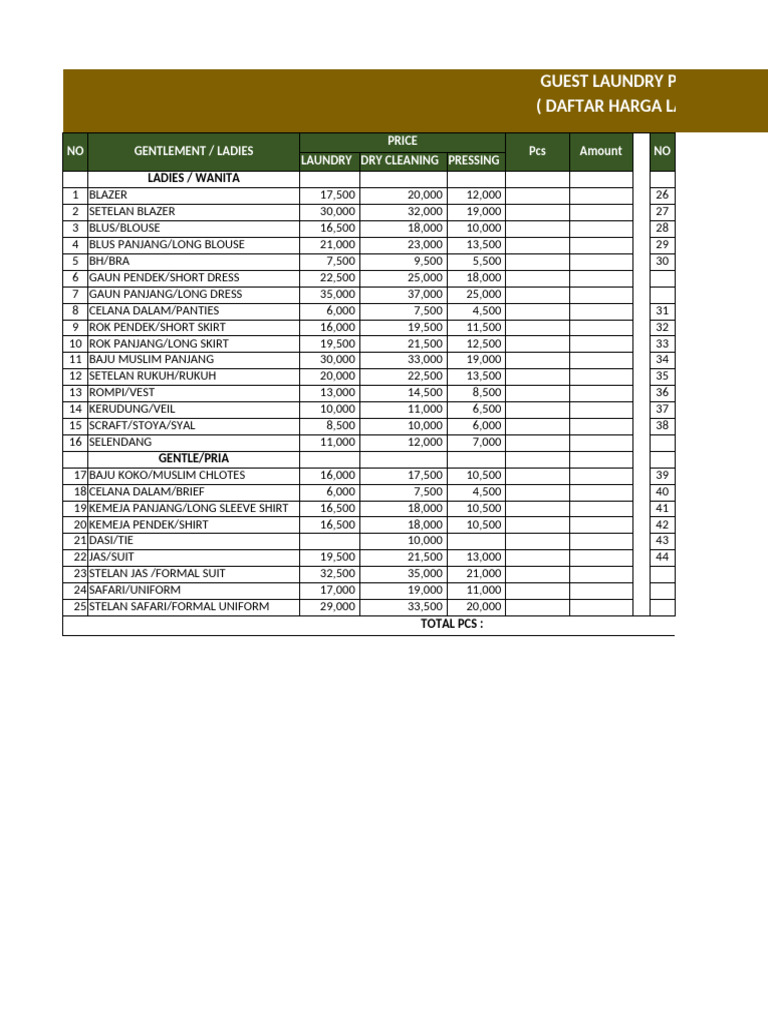 Laundry Price List for Men and Women | PDF | Blouse | Uniforms