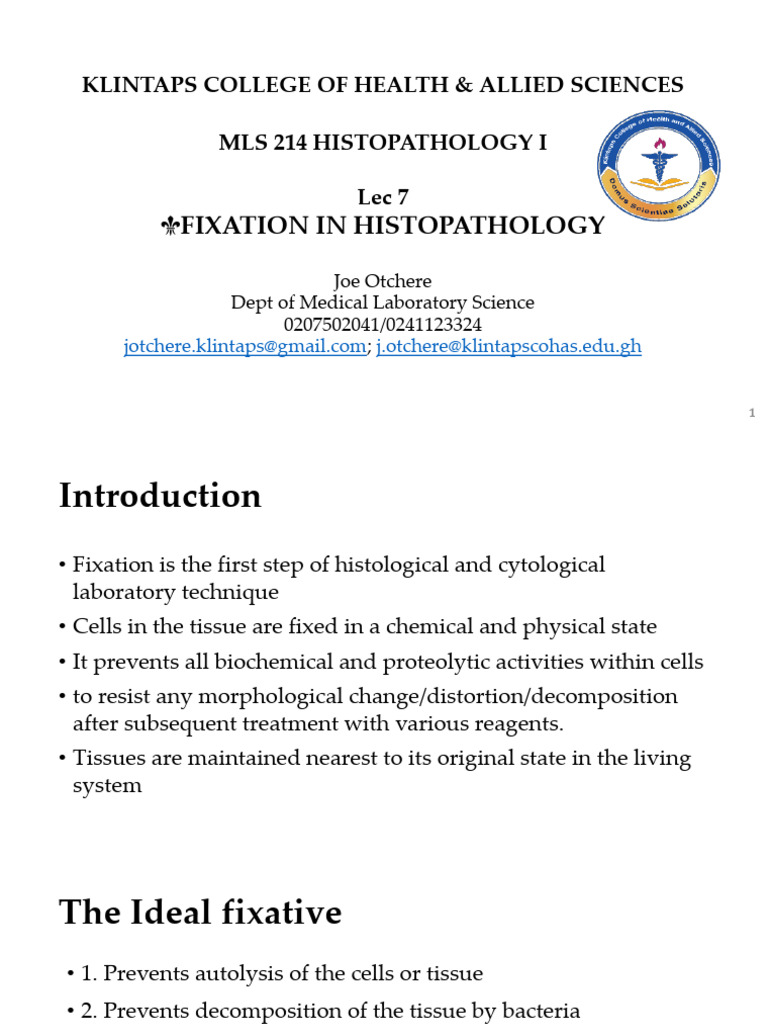 MLS 214 HISTOPATH Lecture 7 Fixation in Histopathology | PDF | Fixation (Histology) | Staining