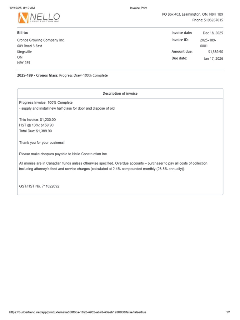 Nello Invoice 2025-189-0001 | PDF