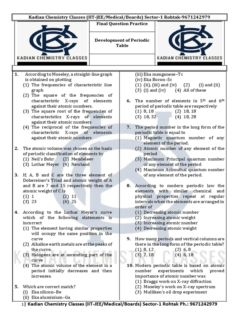 Periodic Table Practice Questions | PDF | Periodic Table | Electron ...