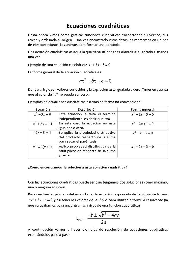 Ecuaciones Cuadráticas Explicación y Ejercicios (2) | PDF | Ecuaciones ...