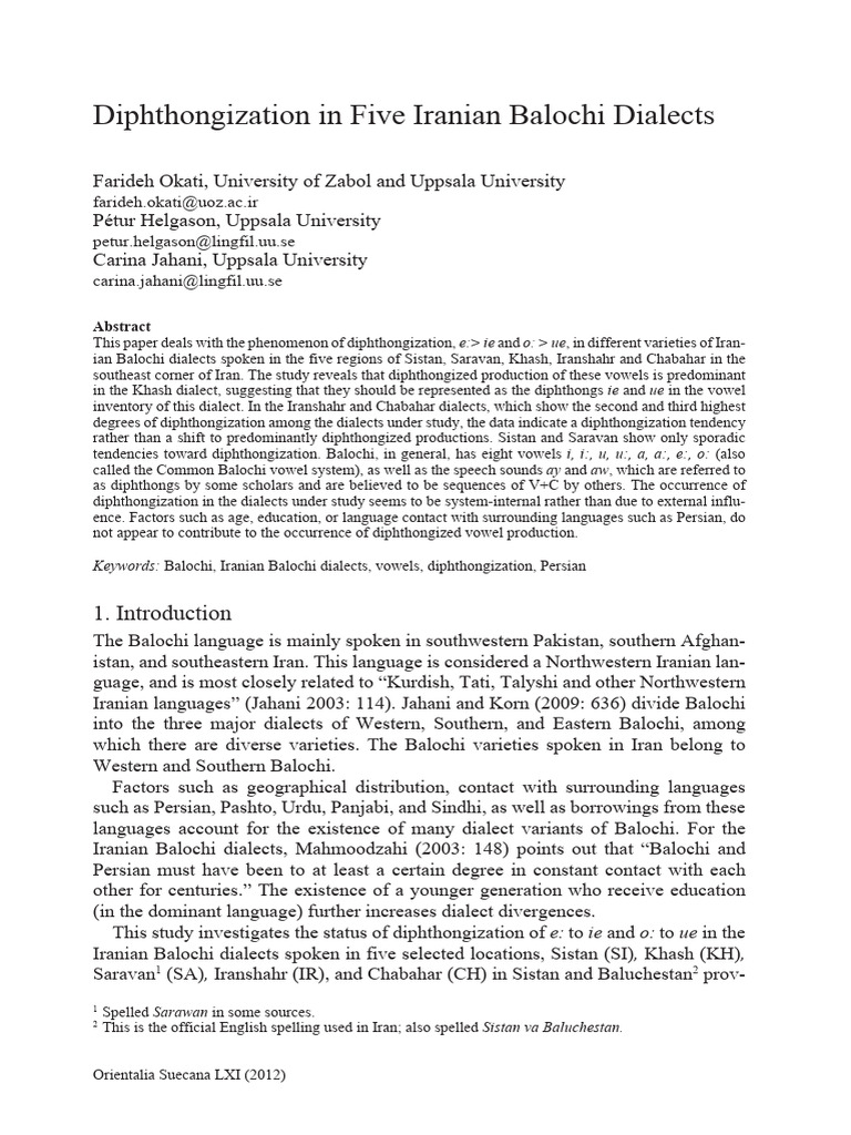 Diphthongization in Five Iranian Balochi | PDF | Vowel | Persian Language