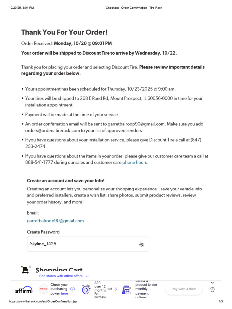 Tire Order Confirmation Details | PDF | Point Of Sale