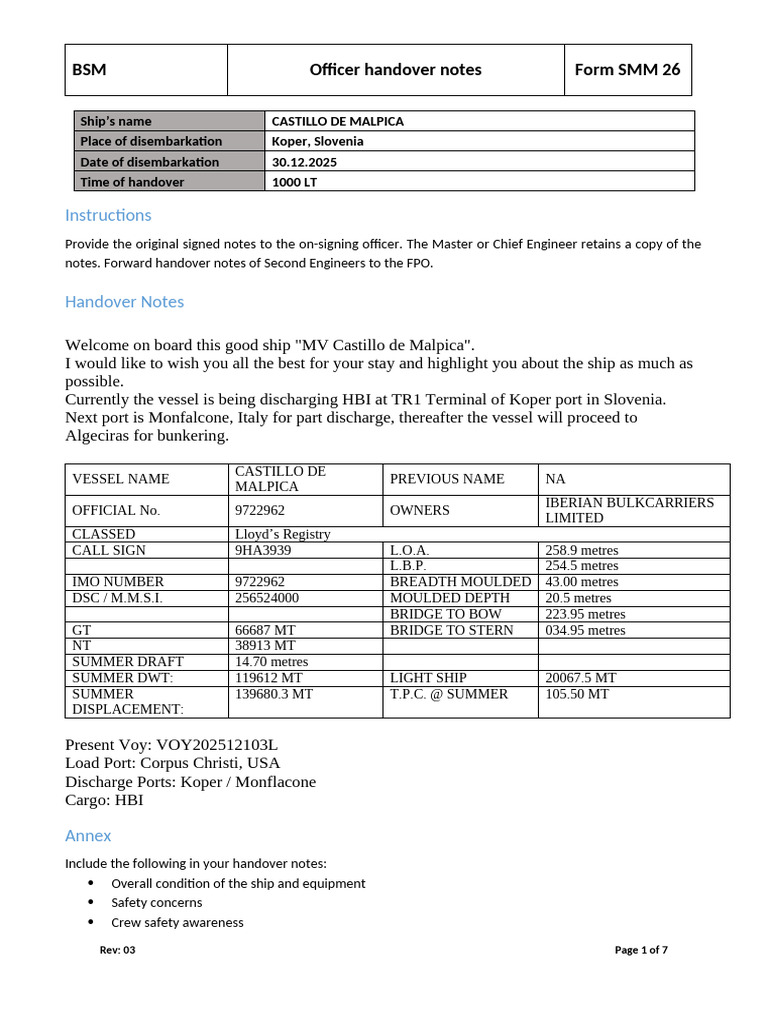 SMM 26 Officer Handover Notes Rev.03 | PDF | Navigation | Shipping