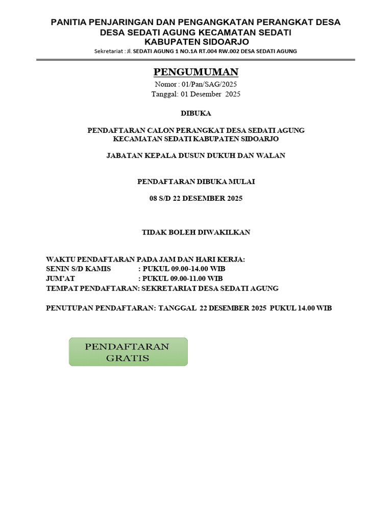 Pendaftaran Calon Perangkat Desa 2025 | PDF