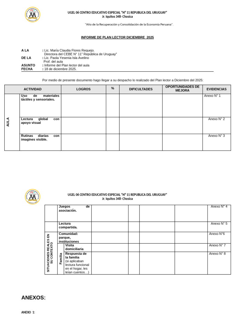 Modelo Informe Avance de Plan Lector | PDF | Aprendizaje