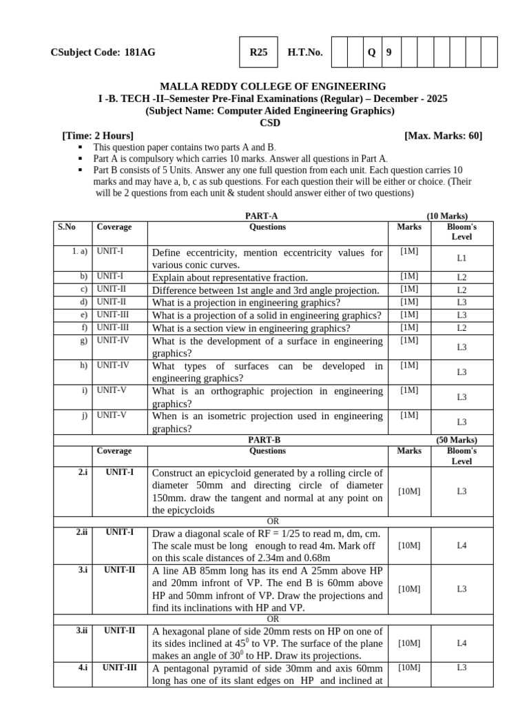 Computer Aided Engineering Graphics Exam | PDF