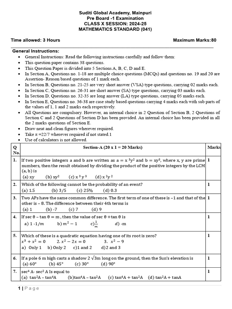 Class X Mathematics Pre-Board Exam 2024-25 | PDF | Circle | Elementary ...