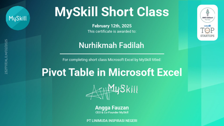 Nurhikmah Fadilah - E-Certif SC Pivot Table in Microsoft Excel MySkill ...