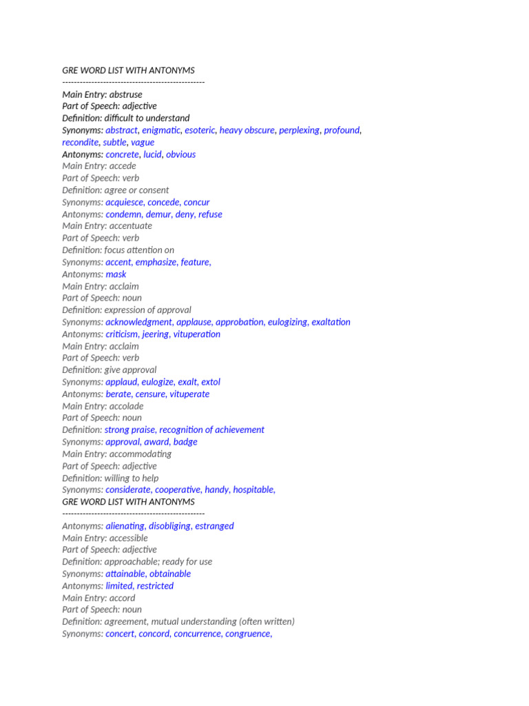 GRE Word List With Antonyms | PDF | Part Of Speech | Adjective