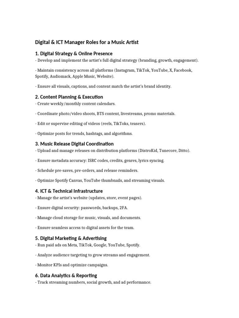 Digital Manager Roles for Music Artists | PDF | Spotify | You Tube
