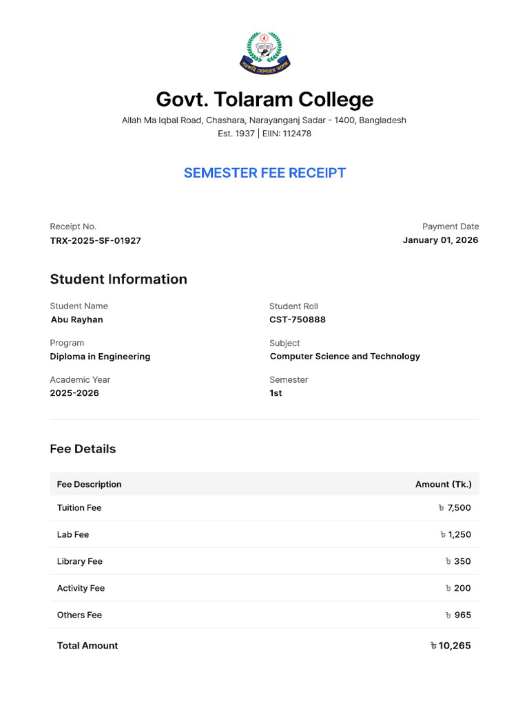 Semester Fee Receipt for Engineering Diploma | PDF