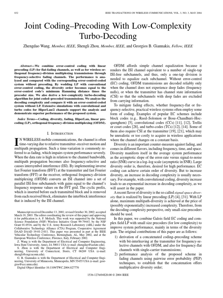 Joint Coding-Precoding With Low-Complexity Turbo-Decoding | Download Free PDF | Orthogonal ...