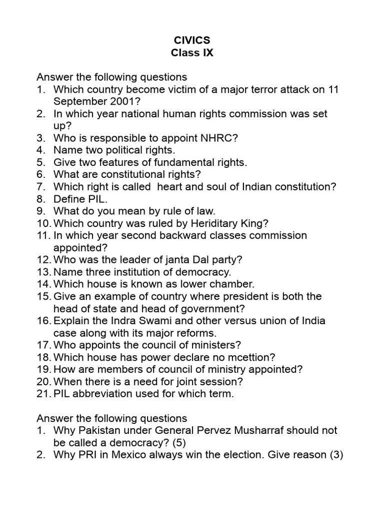 Civics Class IX: Key Questions & Concepts | PDF