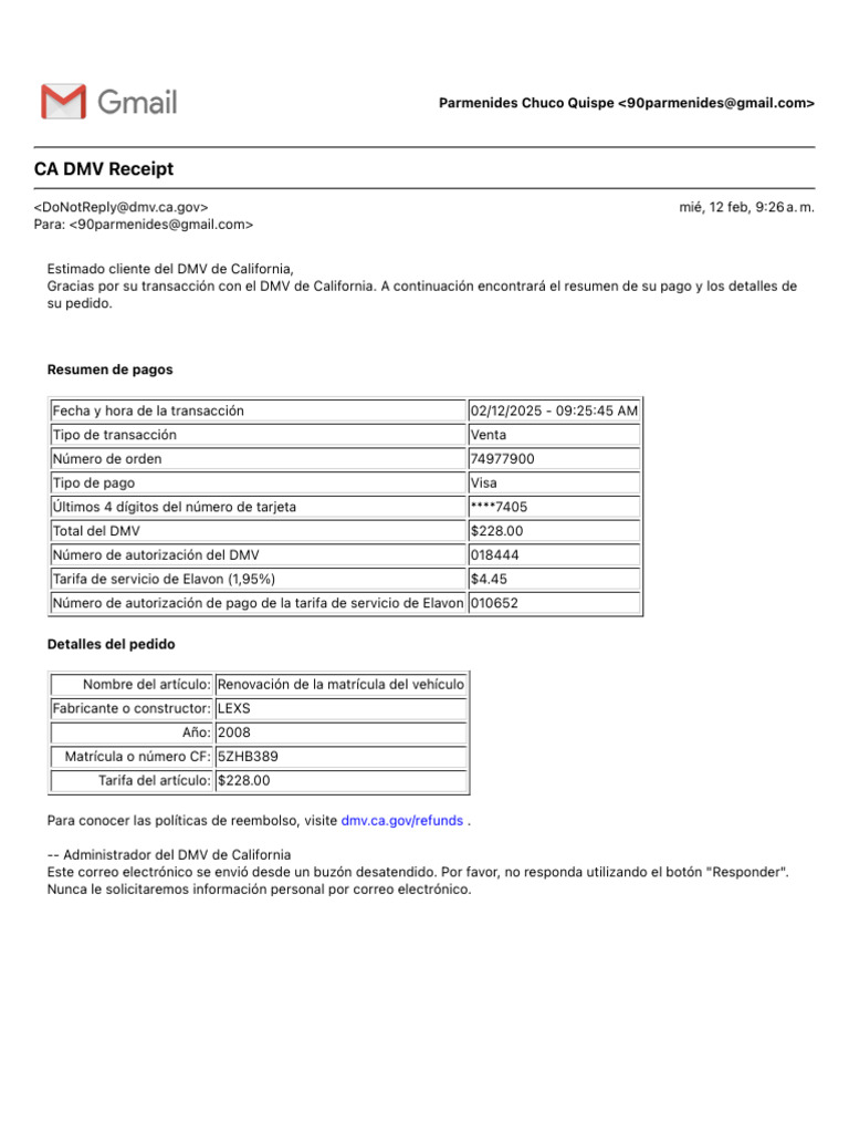 CA DMV Receipt | PDF