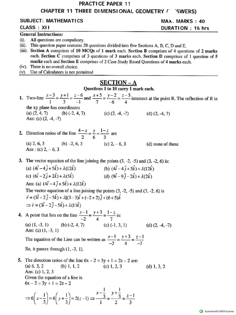 Maths Class Xii Chapter 11 Three Dimensional Geometry Practice Paper 11 ...