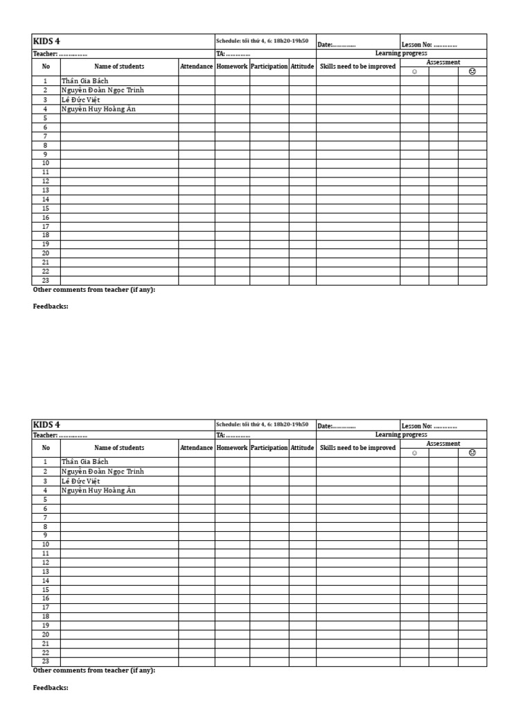 Kids 4 Class Schedule and Progress Report | PDF