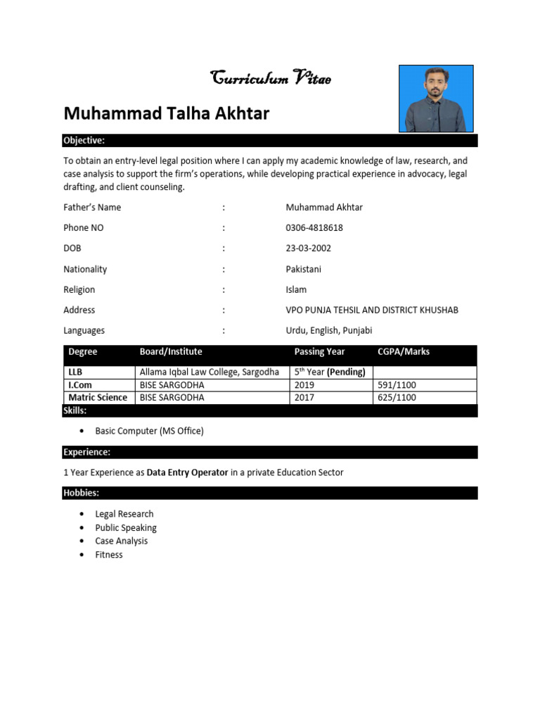 Entry-Level Legal CV of Muhammad Talha Akhtar | PDF