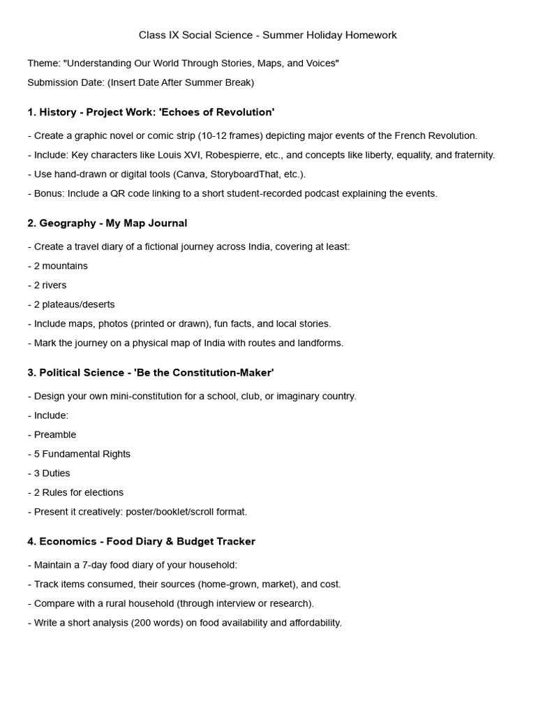 ClassIX SST Summer Holiday Homework | PDF