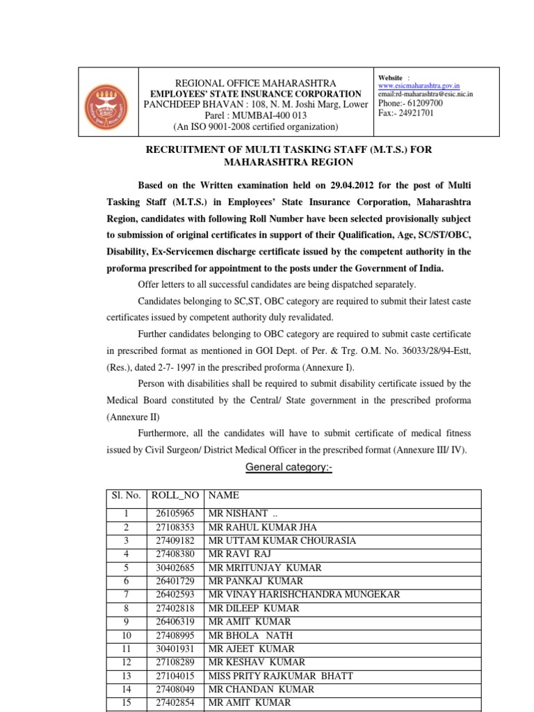ESIC Maharashtra MTS - Result | PDF | Magistrate | Health Sciences