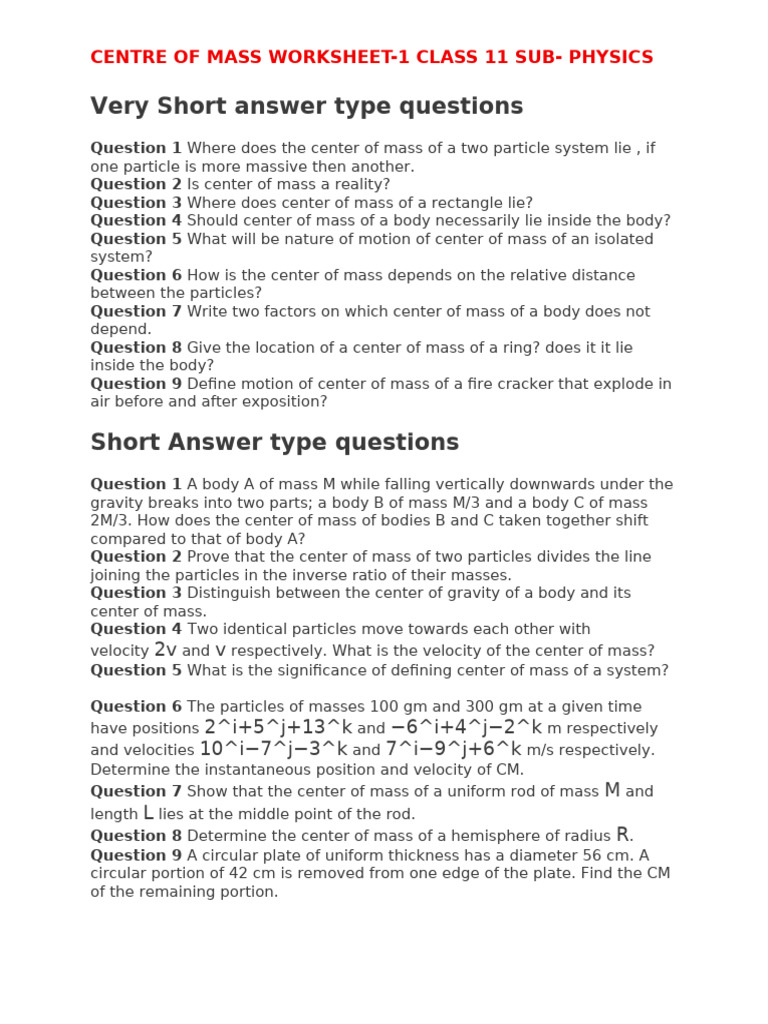 Center of Mass Worksheet for Class 11 | PDF | Mass | Center Of Mass