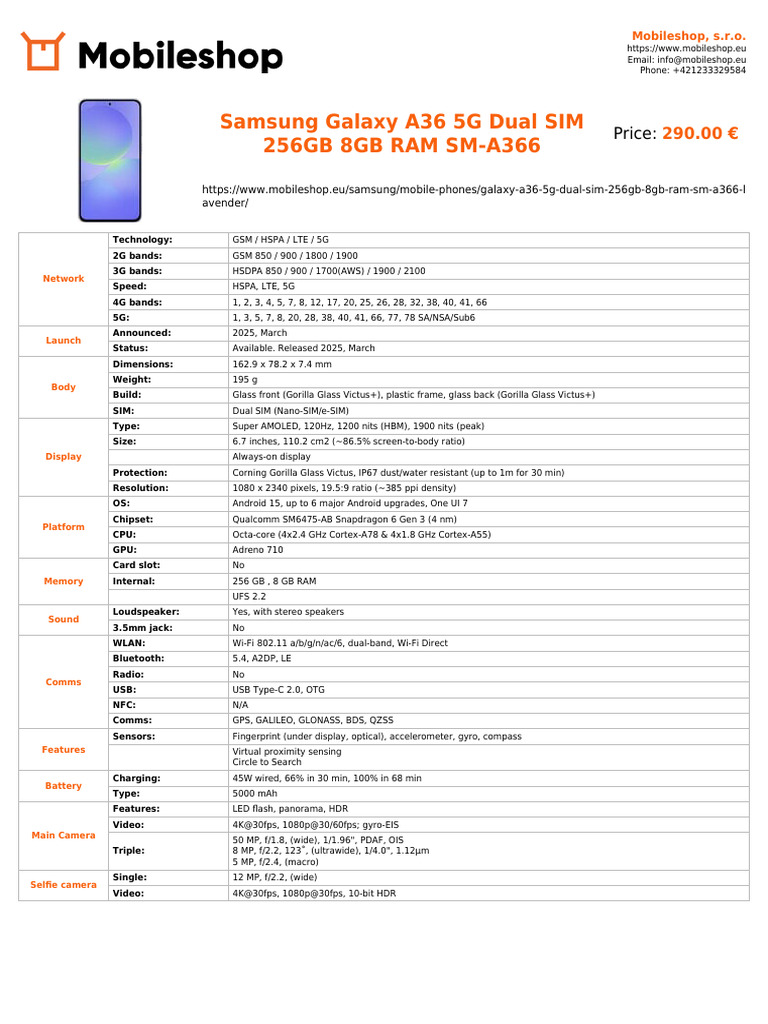 Galaxy A36 5g Dual Sim 256gb 8gb Ram SM A366 Lavender | PDF | Tablet ...