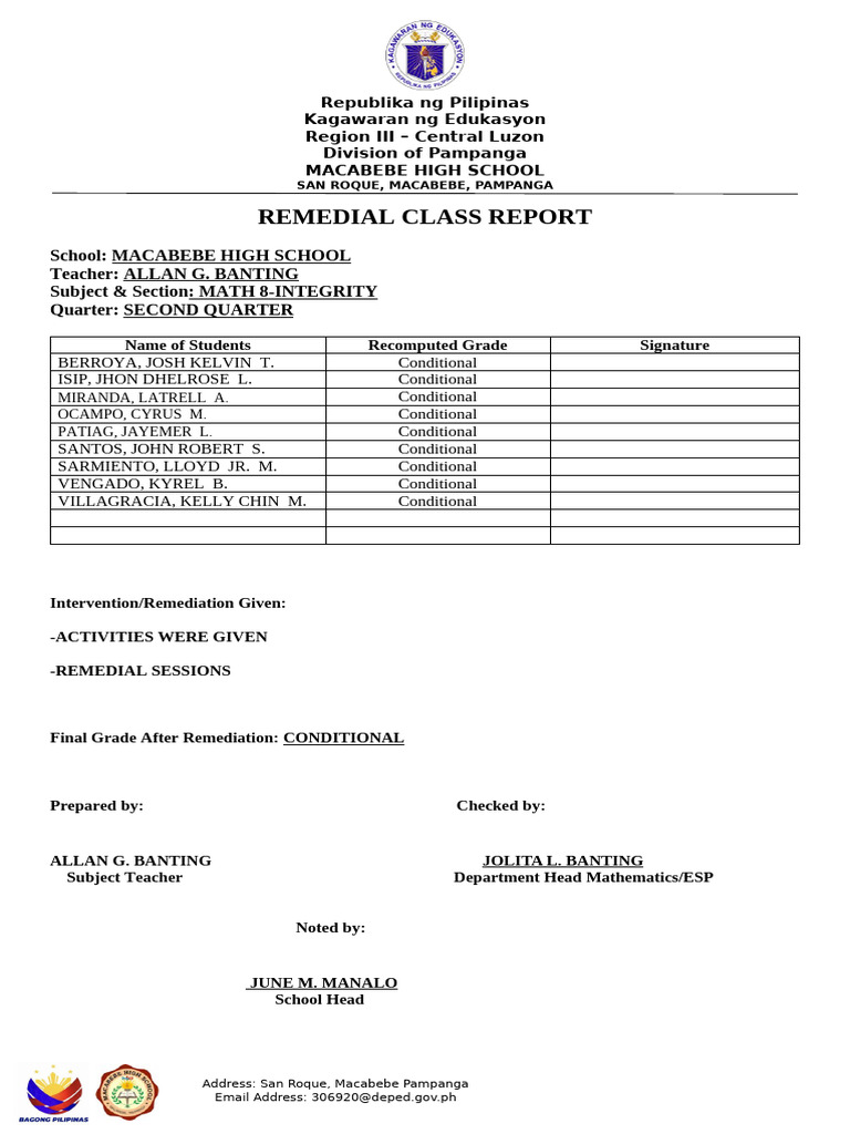 Macabebe High School Remedial Reports | PDF