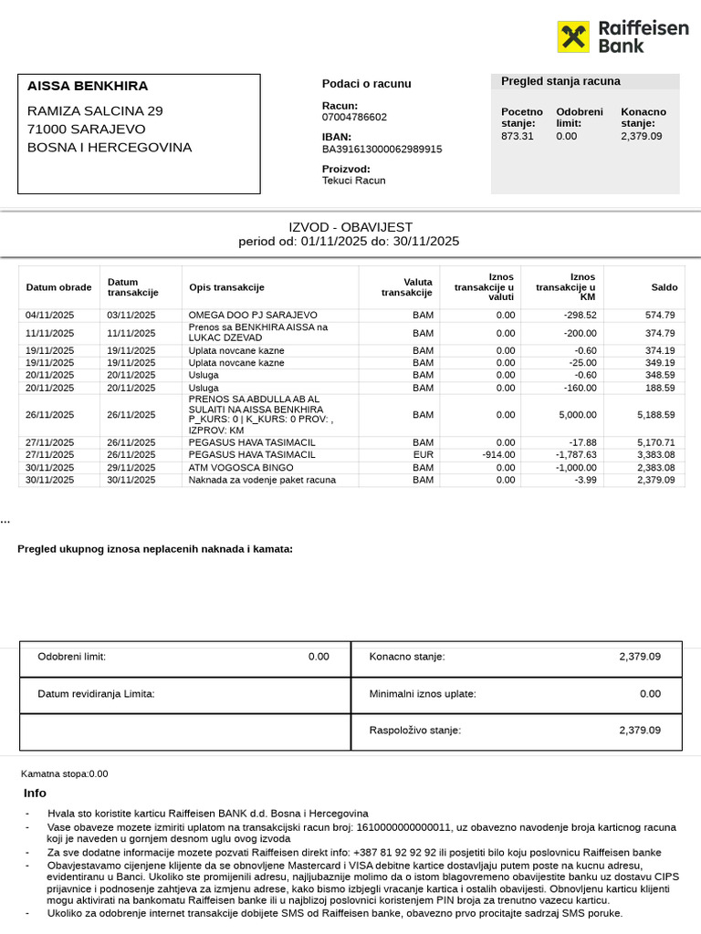 E-Izvod Novembar 07004786602 | PDF