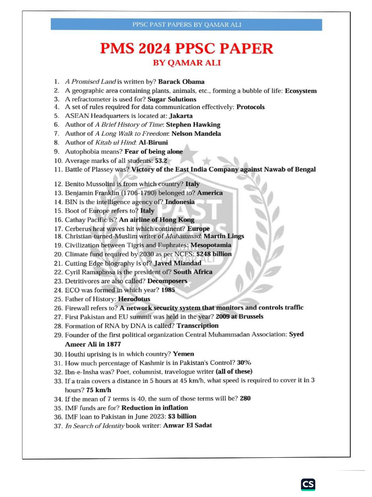 PMS 2024 GK Paper by Qamar | PDF