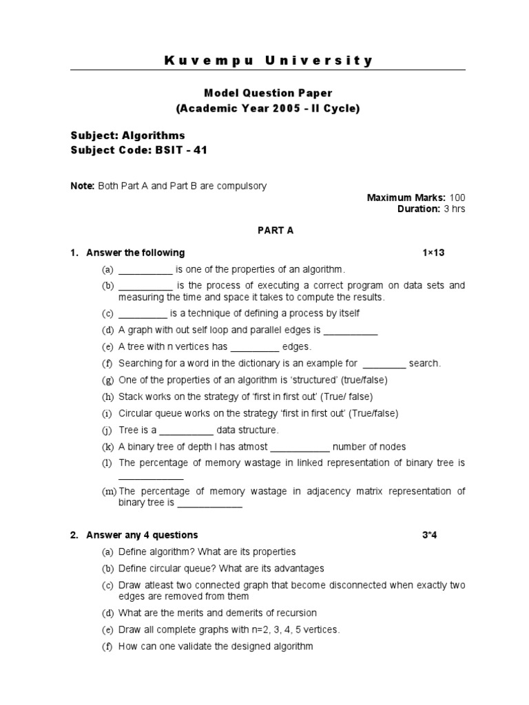 Kuvempu University: Model Question Paper (Academic Year 2005 - II Cycle) Subject: Algorithms ...