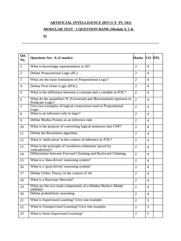 AI Knowledge Representation & Learning Questions | PDF | Artificial ...