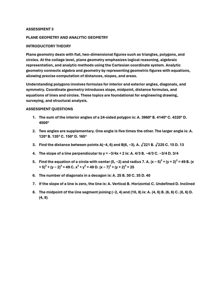 Plane and Analytic Geometry Assessment | PDF