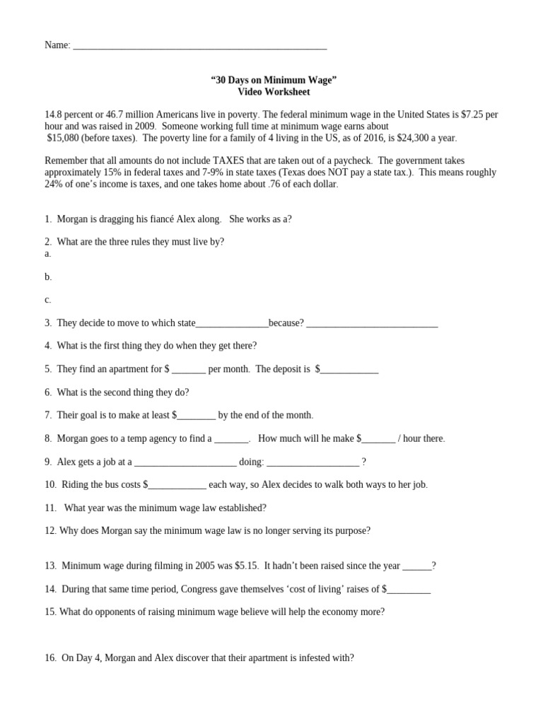 30 Days On Minimum Wage Worksheet 2016 | PDF | Cost Of Living | Minimum ...