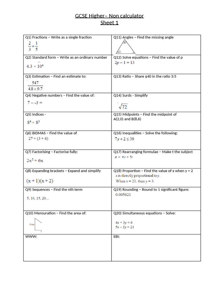 GCSE Higher Non-Calculator Math Questions | PDF